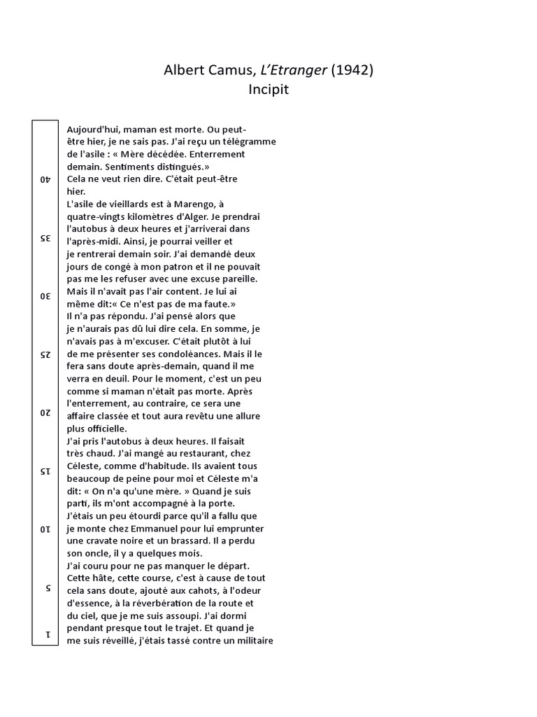 Camus LEtranger Incipit | PDF