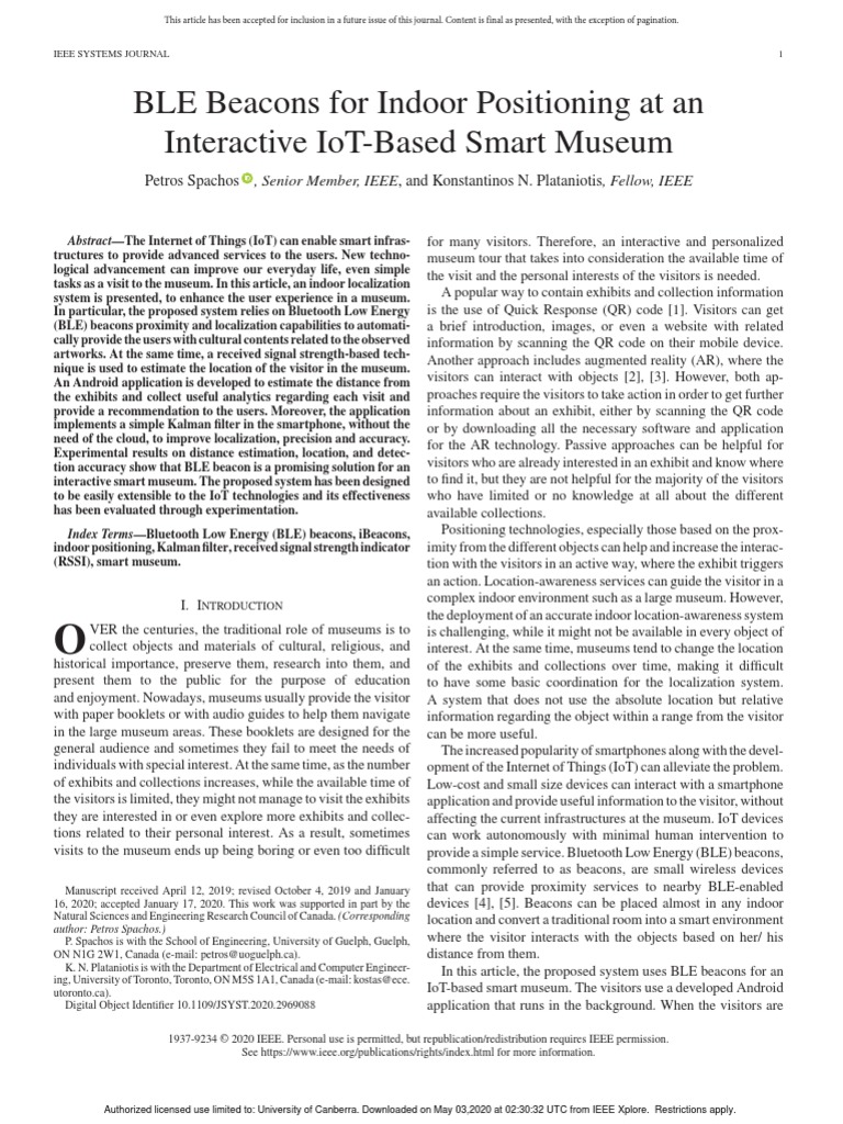 BLE Beacons For Indoor Positioning at An Interactive IoT-Based Smart Museum | PDF