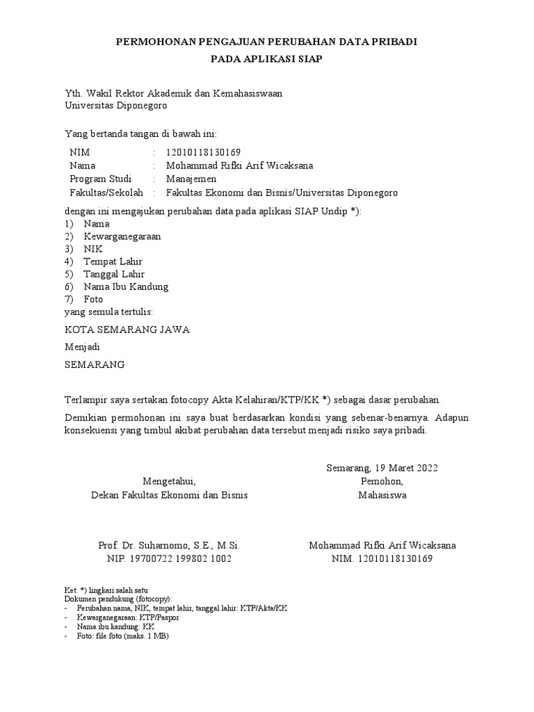 Permohonan Pengajuan Perubahan Data Pribadi | PDF