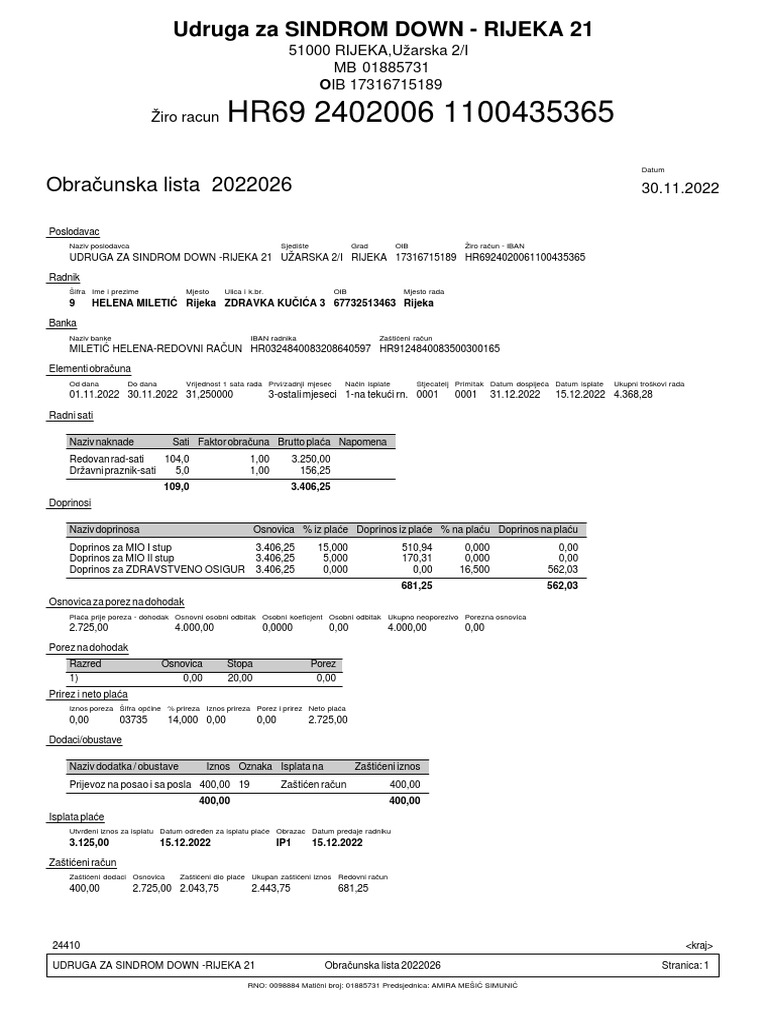 Udruga Za Sindrom Down - Rijeka 21: Obračunska Lista 2022026 | PDF