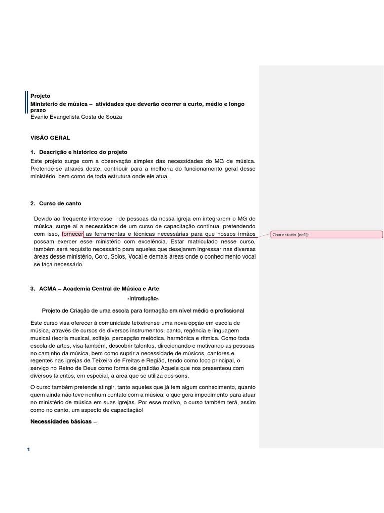 Projeto Ministério de Mùsica Com Escola de Música e Projeto MO - PDF Corrigido | PDF | Som ...
