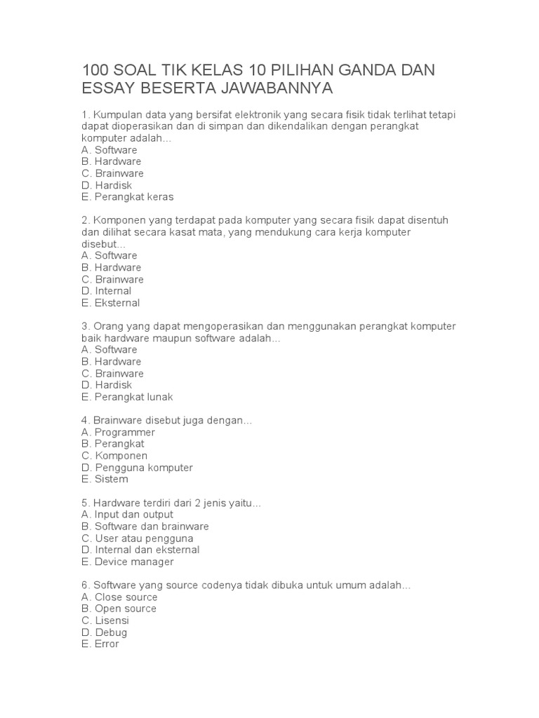 Soal Tik Kelas 10 Pilihan Ganda Dan Essay Beserta Jawabannya 2022 | PDF