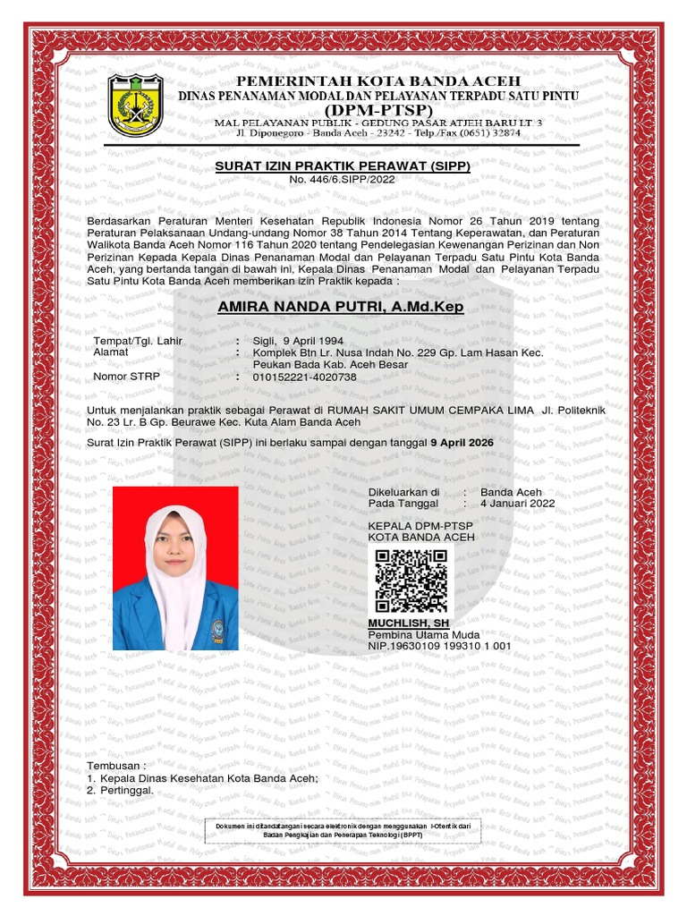 Amira Nanda Putri, A.Md - Kep: Surat Izin Praktik Perawat (Sipp) | PDF