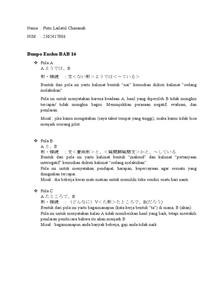 Pola Bunpo Bab 16 Minna no Nihongo | PDF