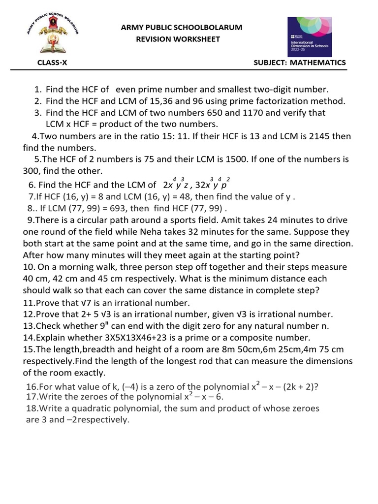 PDT 1 Revision Worksheet Cls 10 | PDF | Polynomial | Numbers