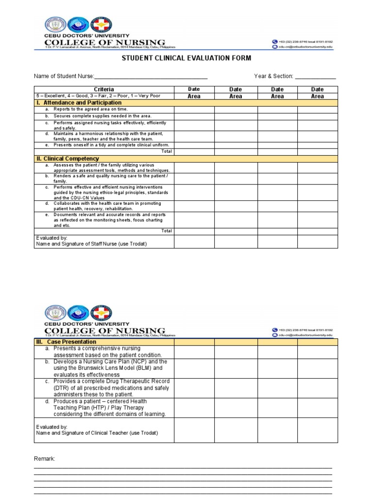 Student Clinical Evaluation | PDF | Nursing | Patient
