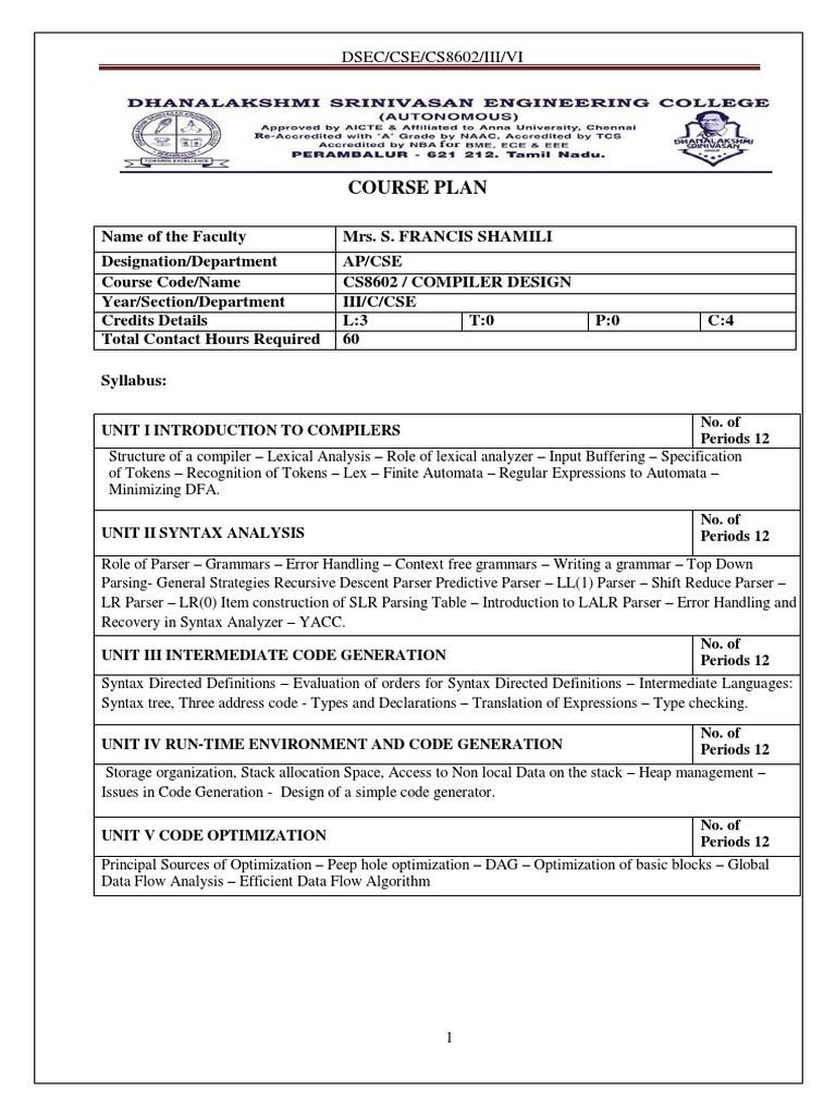 Course Plan: DSEC/CSE/CS8602/III/VI | PDF | Parsing | Compiler