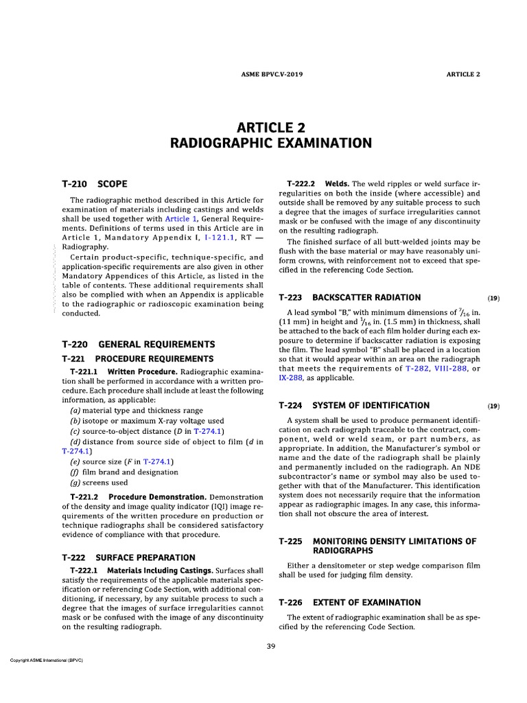 Asme V, Article 2 - RT | PDF