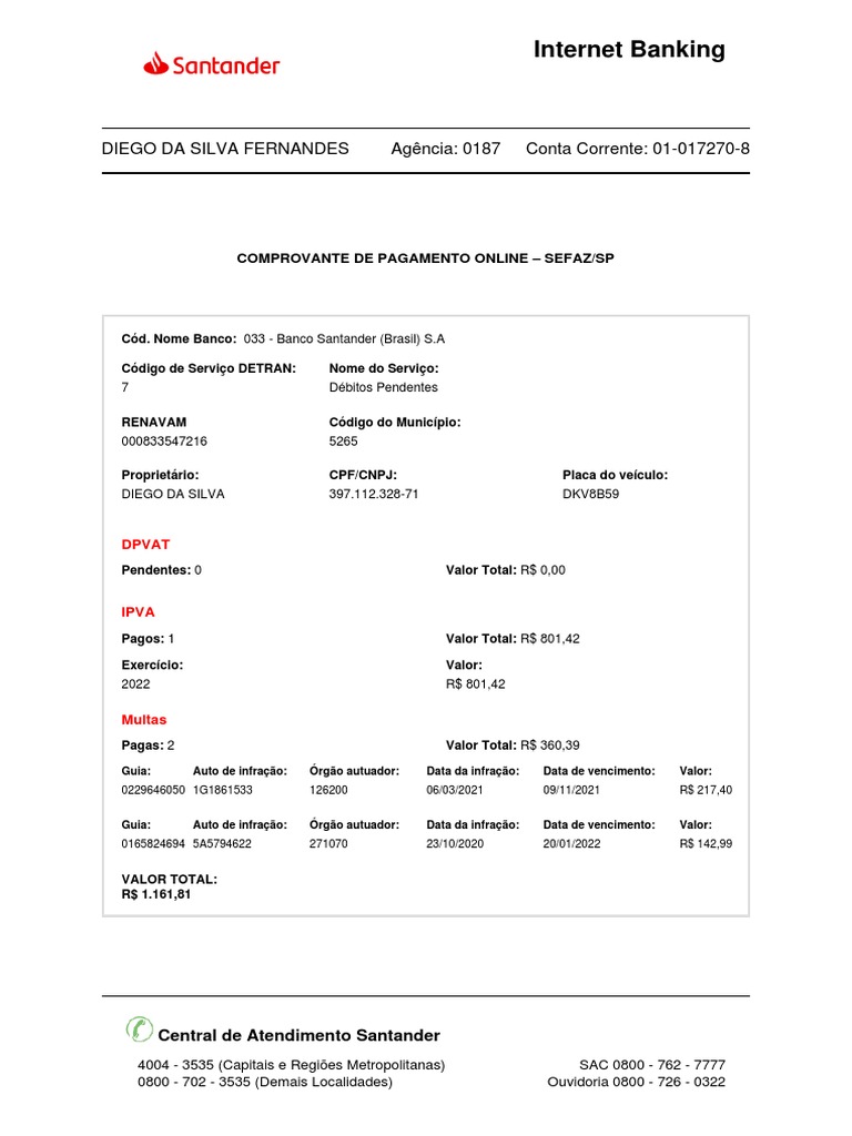 Pagamento De D bitos De Ve culo Realizado Via Internet Banking PDF