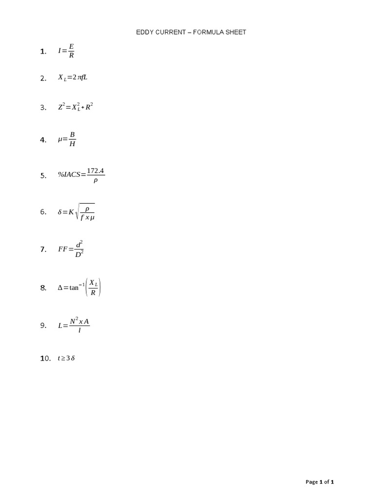 Eddy Current Formula Sheet - Essential Equations for Electromagnetic Induction | PDF