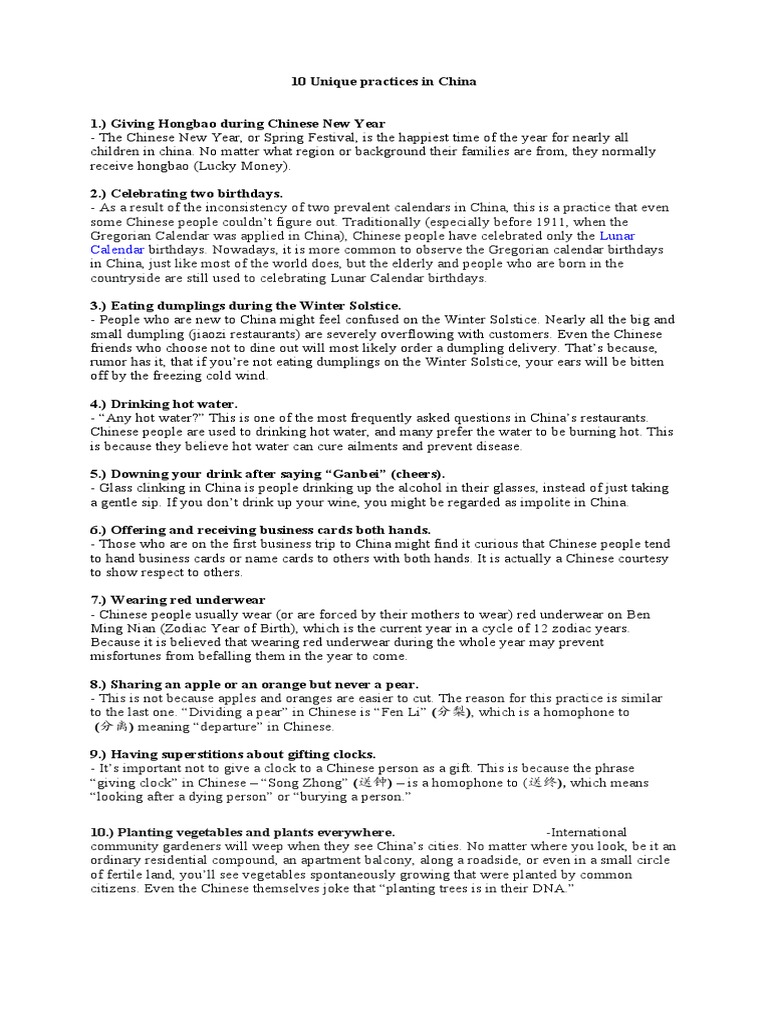 10 Unique Practices in China | PDF