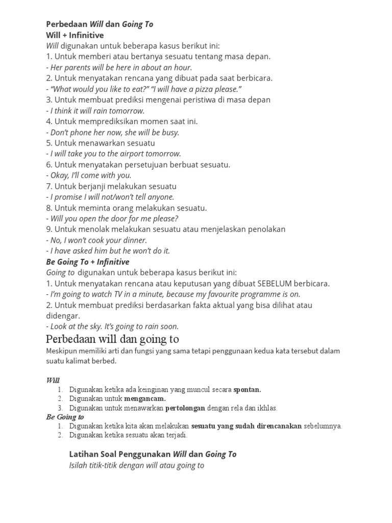 Perbedaan Will Dan Going To | PDF