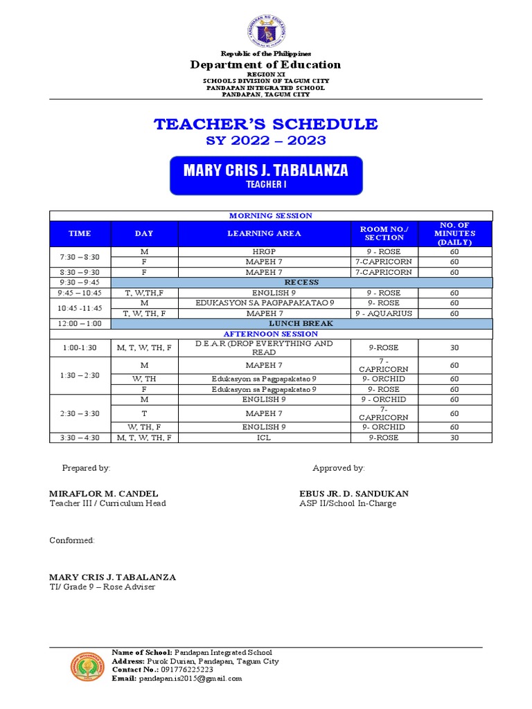 Teachers Schedule Template | PDF
