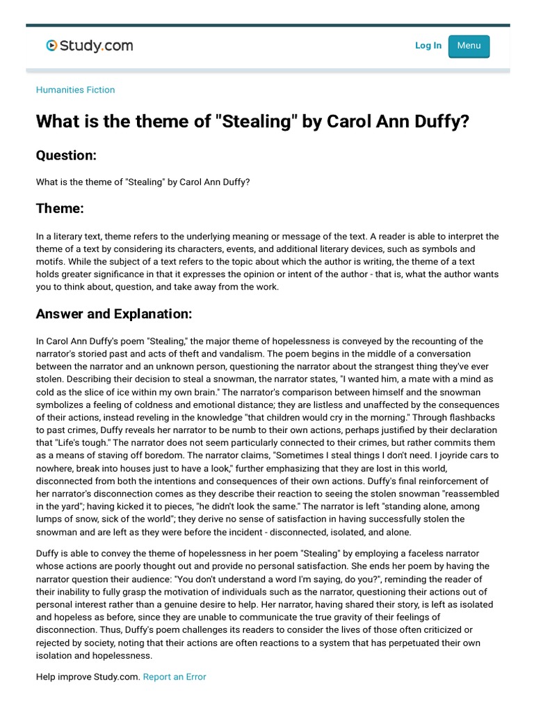 The theme of hopelessness in Carol Ann Duffy's poem "Stealing | PDF | Narration | Theft