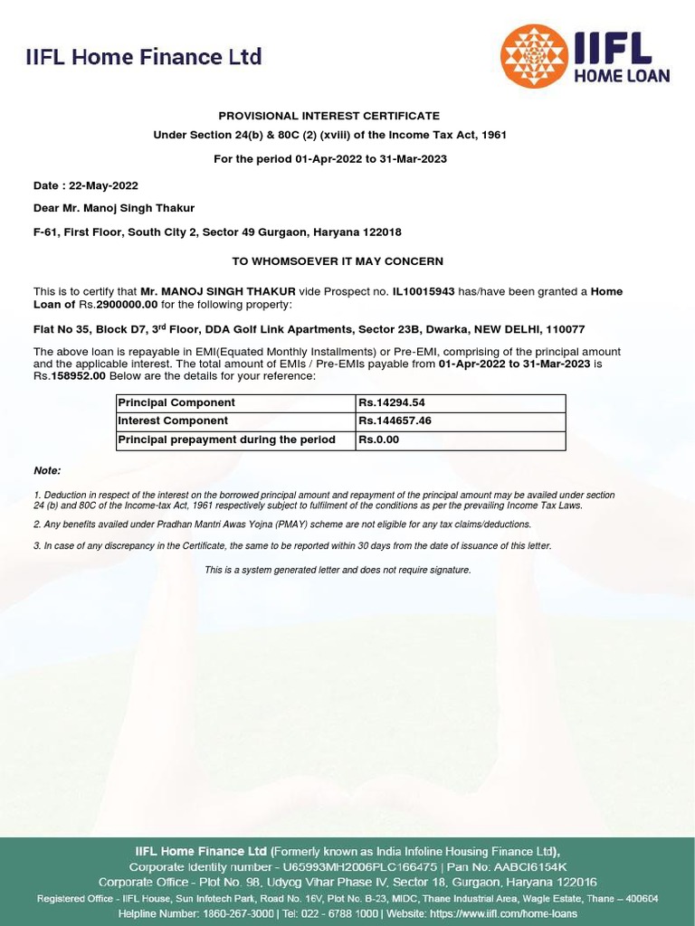 Interest Certificate - Manoj Thakur | PDF