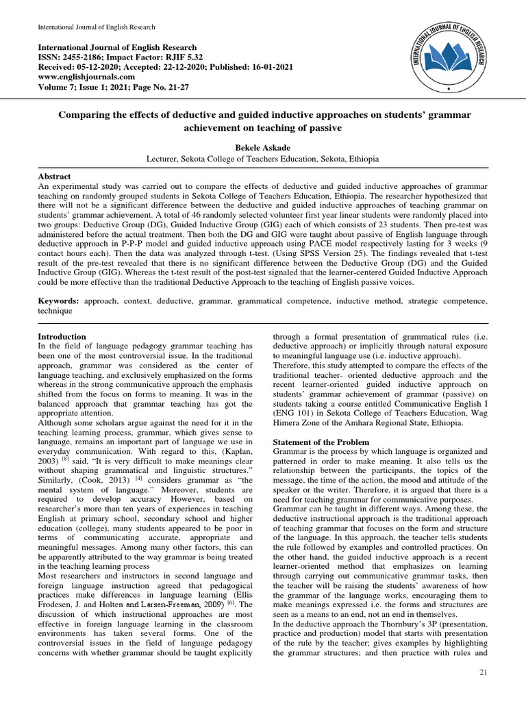 Comparing The Effects of Deductive and Guided Inductive Approaches On Students' Grammar ...