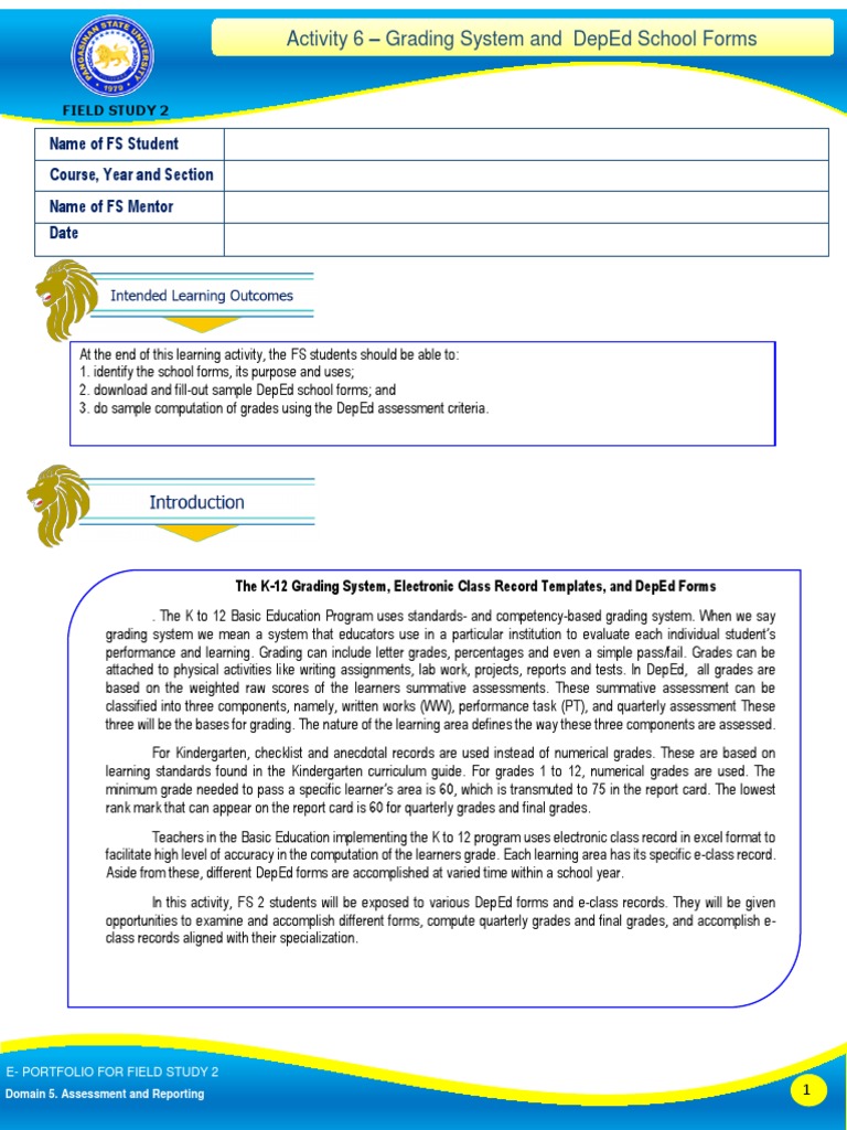 FS 2 Activity 6 Grading System and DepEd School Forms | Download Free ...