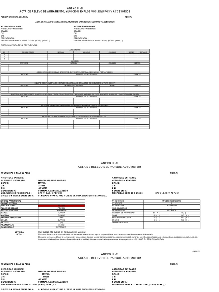 Acta de Relevo de Bienes PNP | PDF | Munición | Bienes manufacturados
