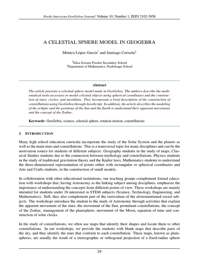A Celestial Sphere Model in Geogebra: Elisa Soriano Fischer Secondary ...