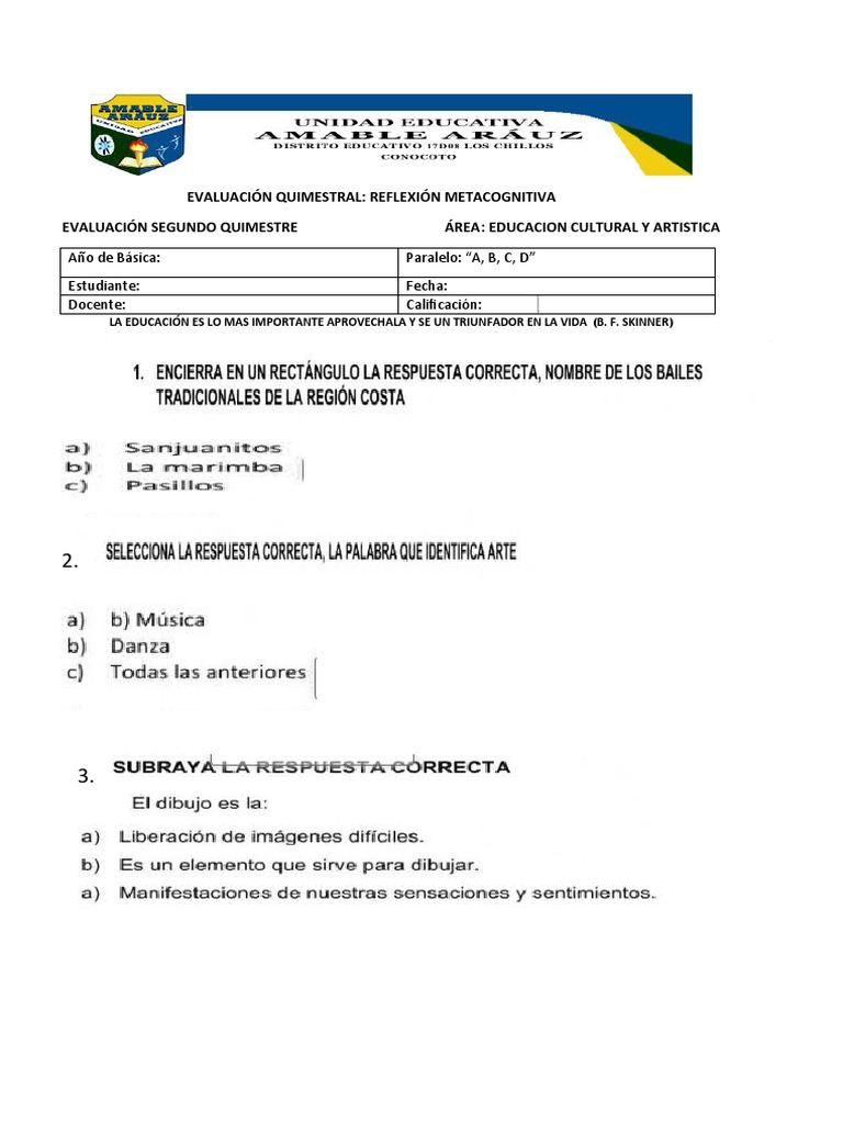 Evaluación Quimestral de Educacion Cultural Artistica | PDF Evaluación Quimestral de Educacion Cultural Artistica | PDF