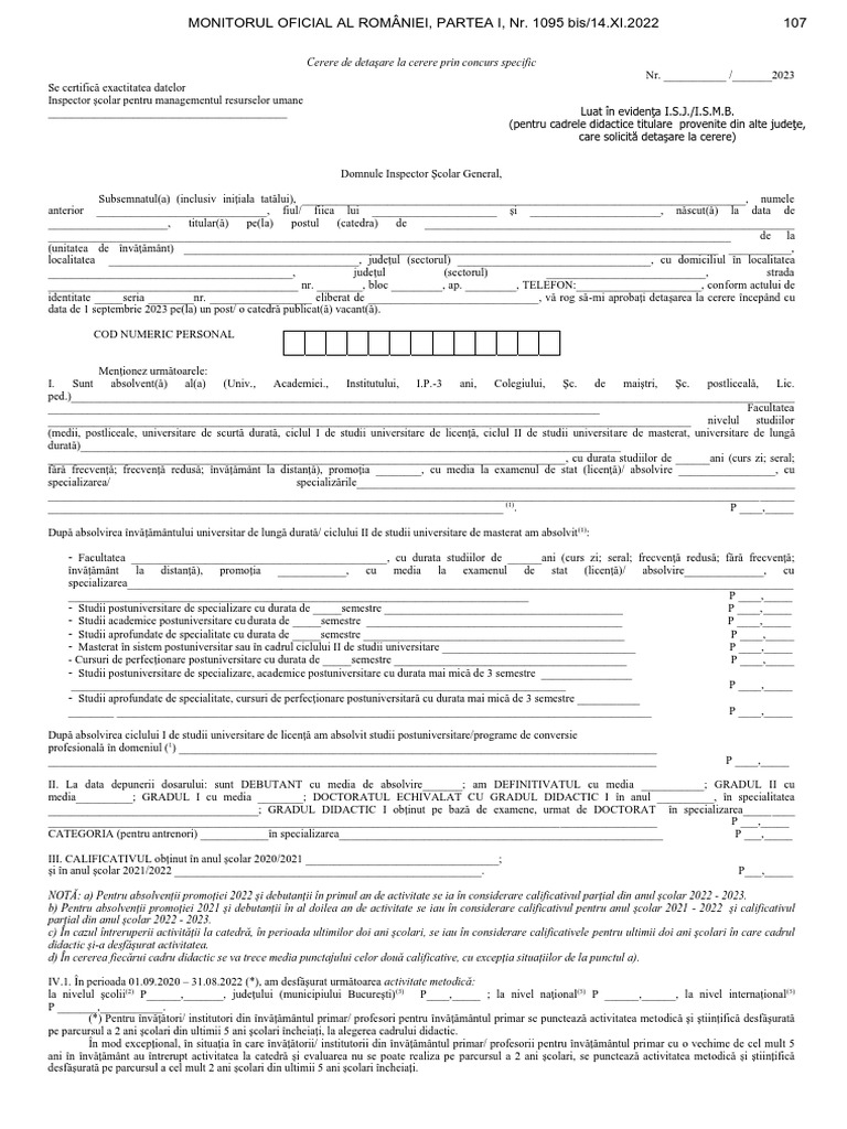 Cerere de Detasare La Cerere Prin Concurs Specific 2023 2024 | PDF