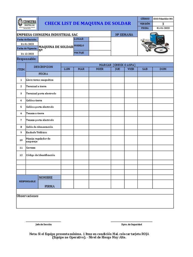 Anexo 1 - Check List de Maquina de Soldar | PDF