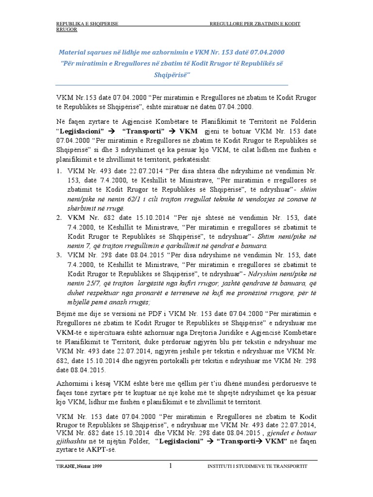 VKM NR - 153 Datë 7 - 4 - 2000 PER MIRATIMIN E RREGULLORES SE ZBATIMIT ...