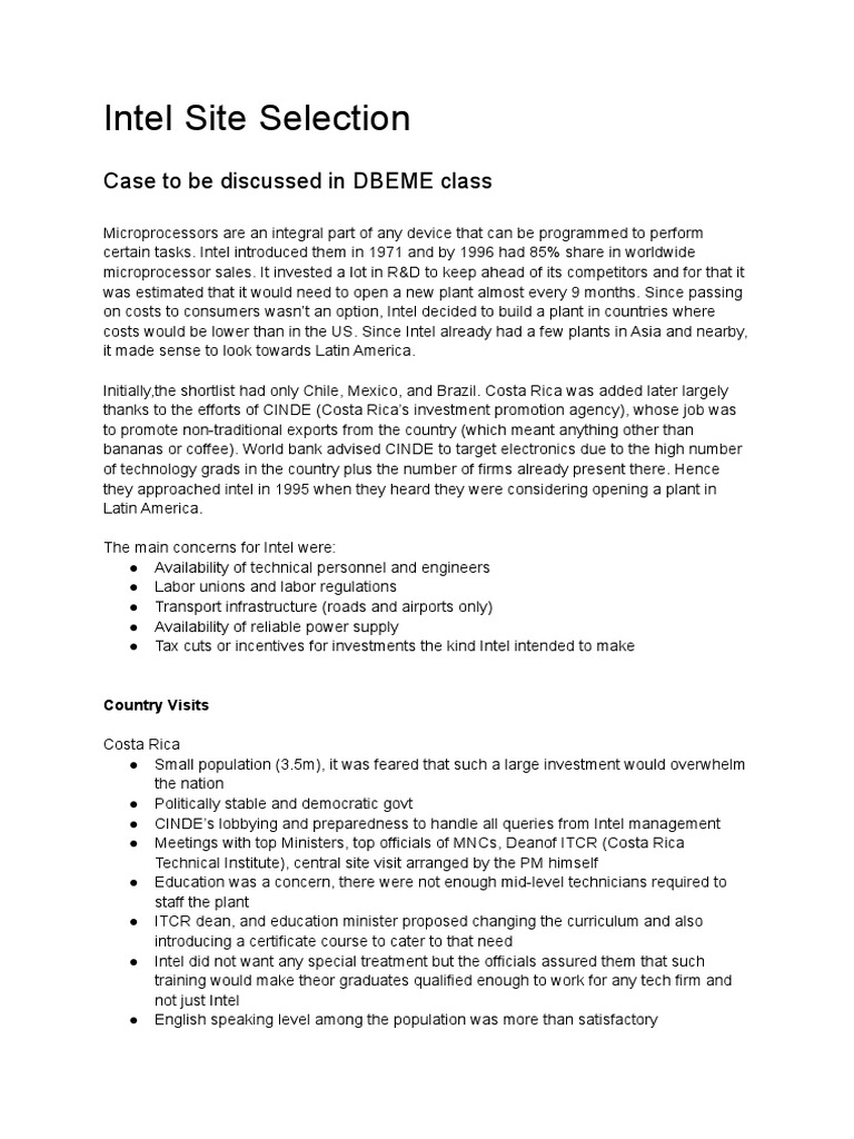 Intel Site Selection - DBEME Case Study | PDF | Intel | Labour Economics