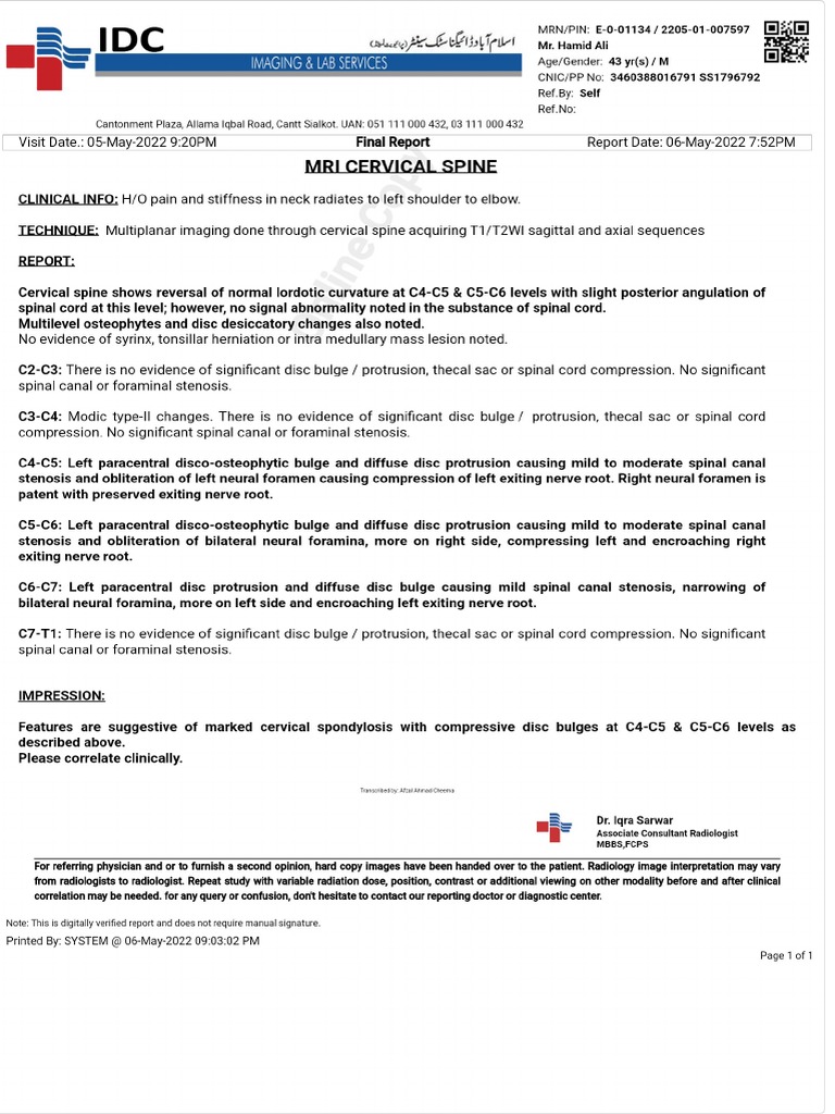 MRI Report Hamid | PDF