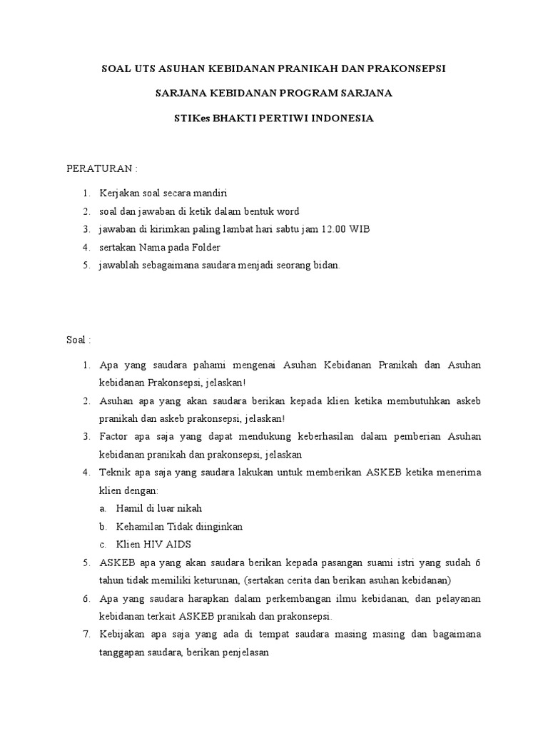 Soal Uts Asuhan Kebidanan Pranikah Dan Prakonsepsi 21.22 | PDF Soal Uts Asuhan Kebidanan Pranikah Dan Prakonsepsi 21.22 | PDF