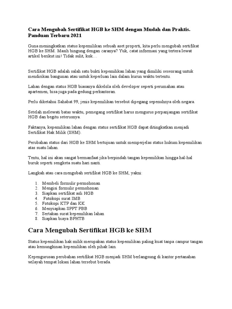 Cara Mengubah Sertifikat HGB Ke SHM Dengan Mudah Dan Praktis | PDF