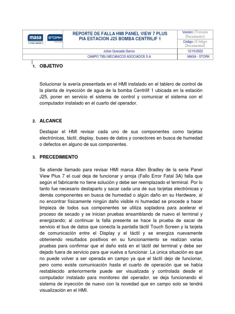Reporte de Falla Hmi Panel View 7 Plus Pia J25 Bomba Centrilif 1 | PDF | Pantalla táctil ...