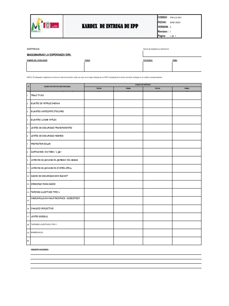 Kardex Entrega de EPP | PDF