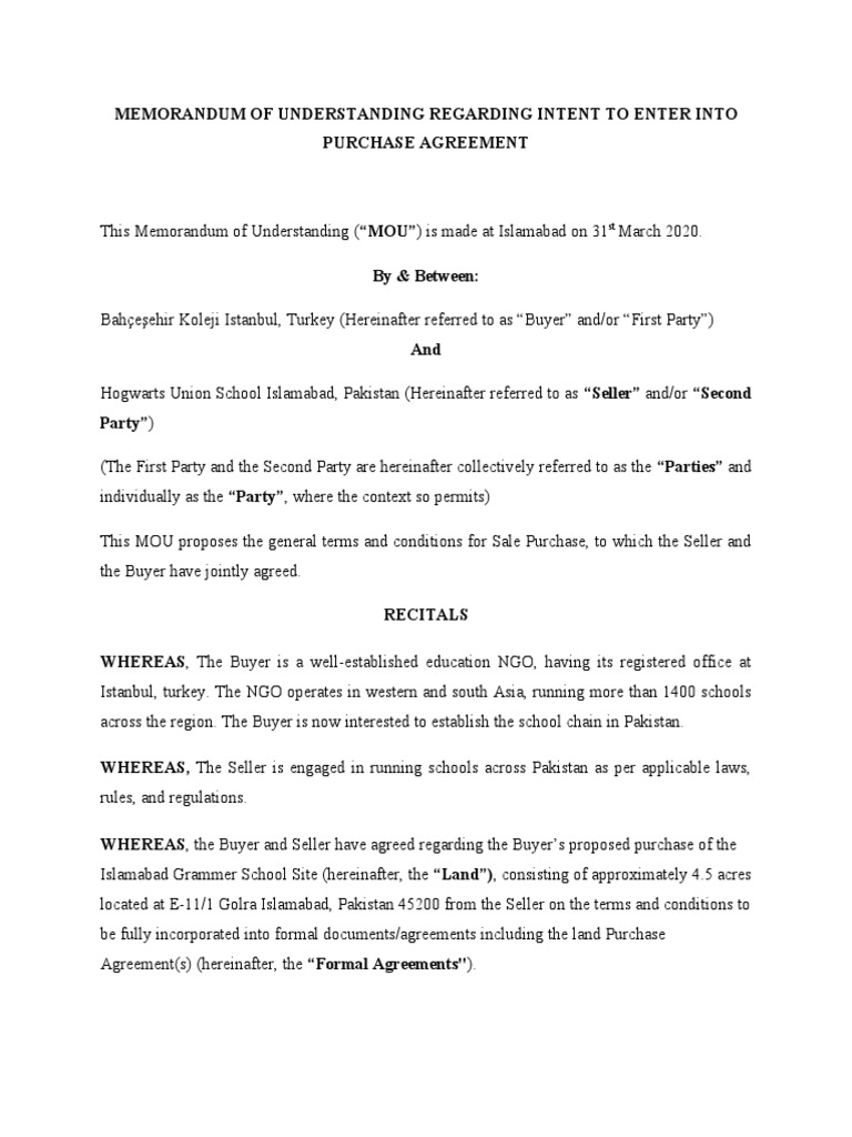 MOU for Property Purchase Agreement | PDF