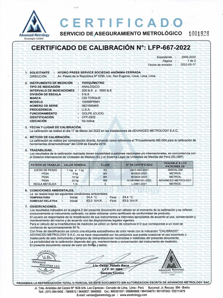 Certificado de Calibracion de Torquimetro | PDF