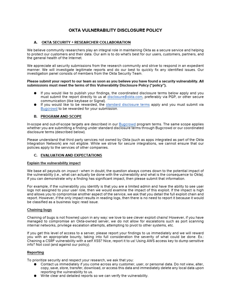Okta Vulnerability Disclosure Policy Pdf Vulnerability Computing Exploit Computer Security