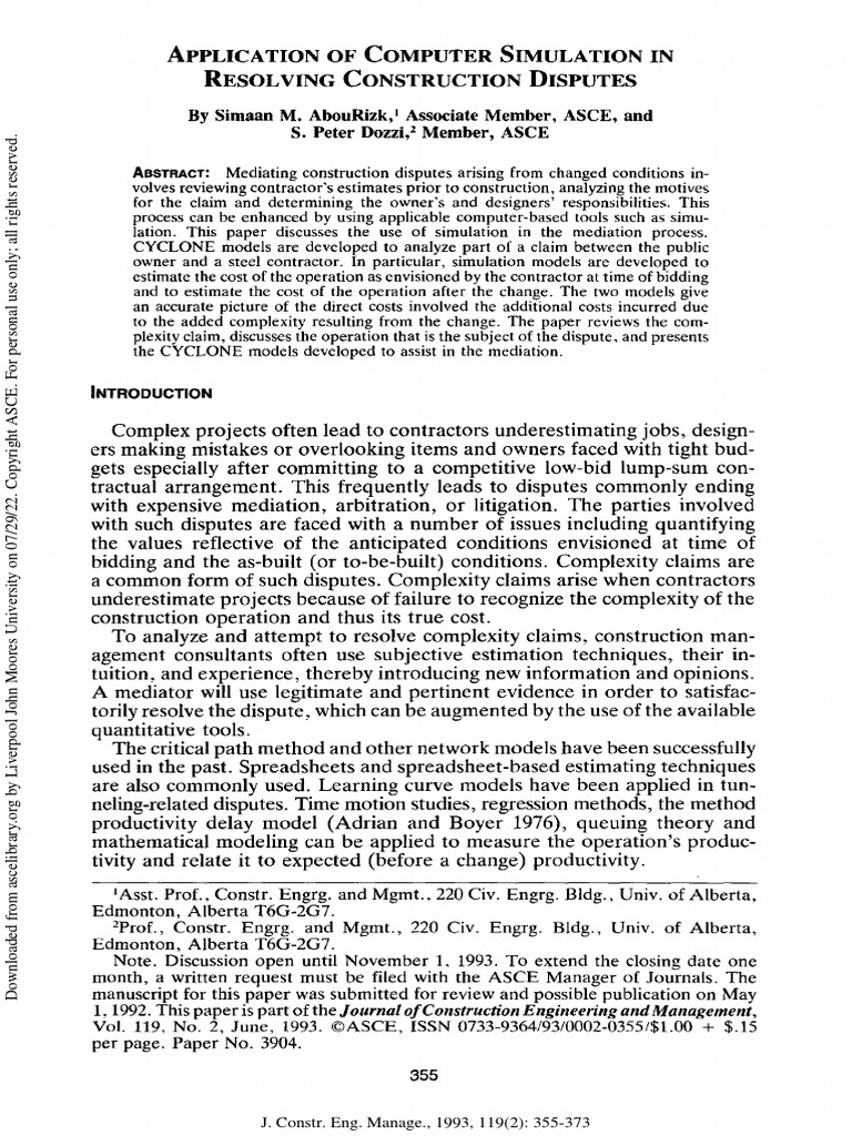 (Asce) 0733-9364 (1993) 119 2 | PDF | Simulation | Mediation