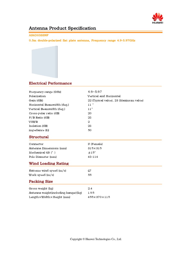 RTN510 PTP 0.3m Flat Plate Antenna Product Specification | PDF