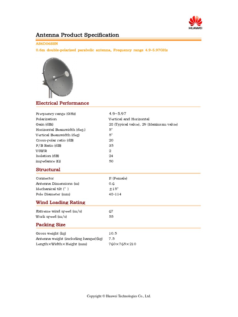 RTN510 PTP 0.6m Parabolic Antenna Product Specification | PDF