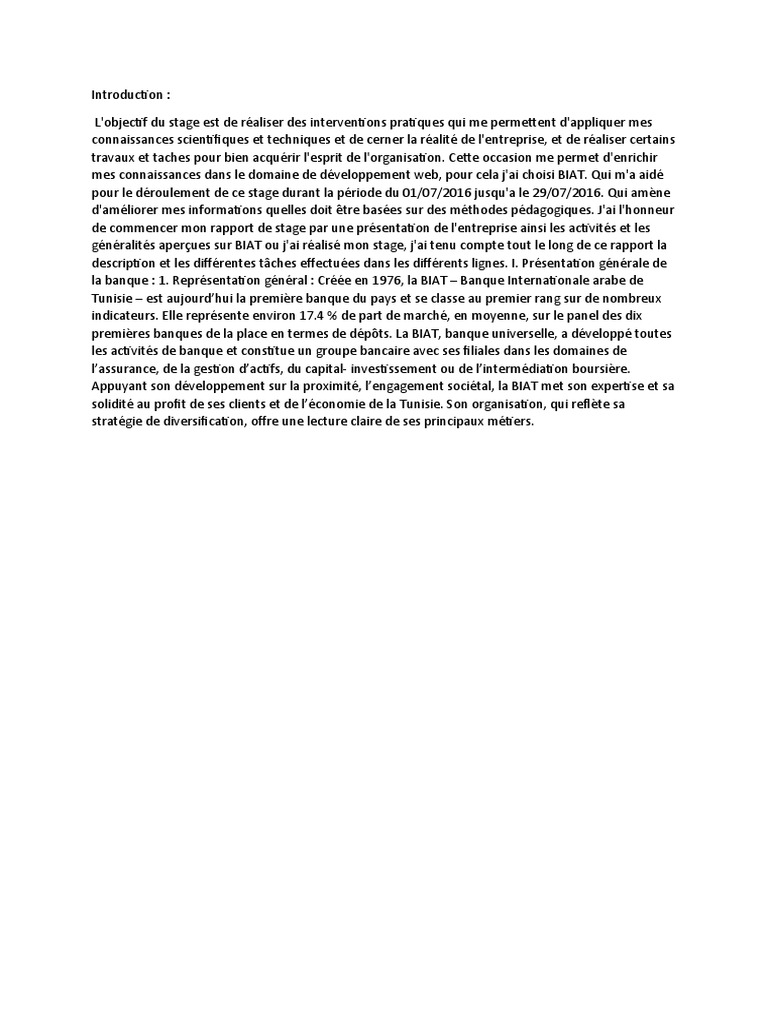 Rapport de stage à la BIAT | PDF | Affaires | Finance et gestion monétaire