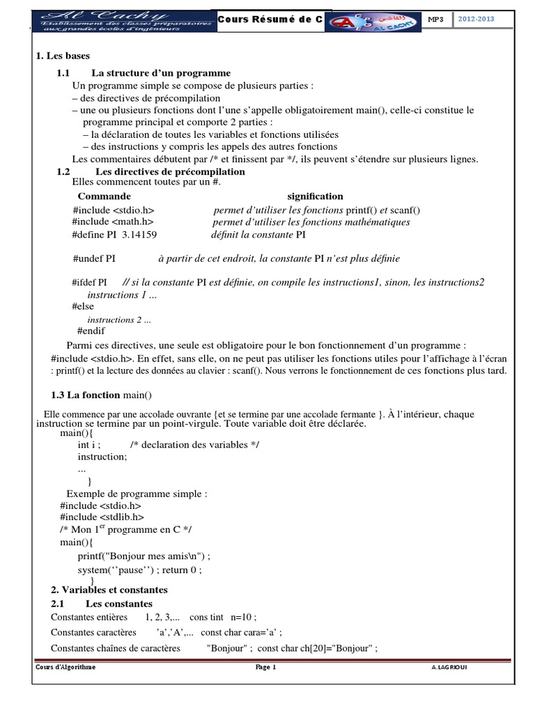 Resume de Cours de C | PDF | Structure de contrôle | Pointeur (programmation)