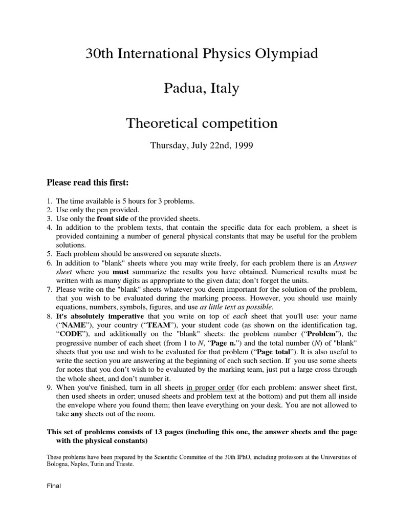 30th IPhO Theoretical Problems 1999 | PDF | Electromagnetic Radiation ...