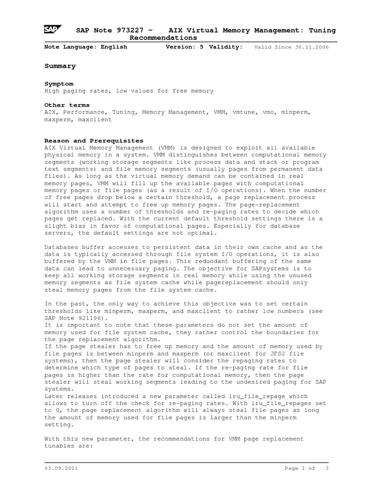 Sapnote 973227 - Aix Virtual Memory Management Tuning Recommendations | PDF | Computer Data ...