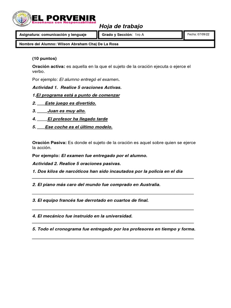 HOJA DE TRABAJO Oraciones Activas, Pasivas y Compuestas Respondido ...