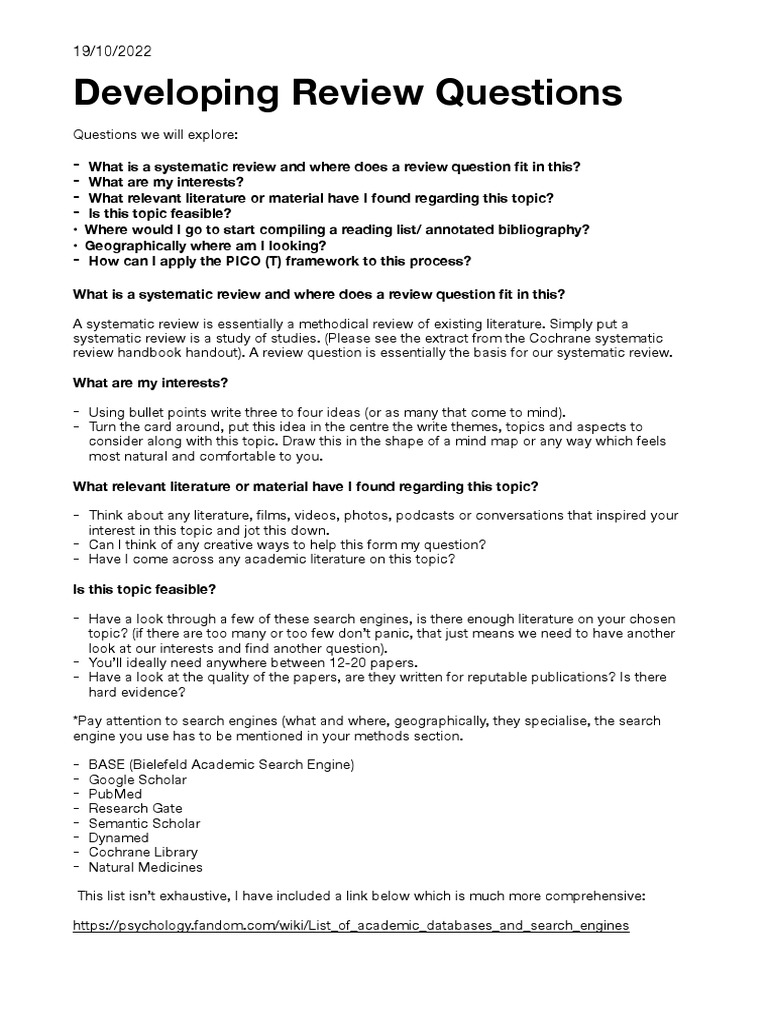 Developing Review Questions | PDF | Systematic Review | Medical Diagnosis