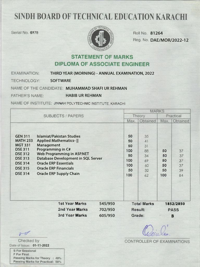 D A E 3rd Year Marksheet PDF | PDF