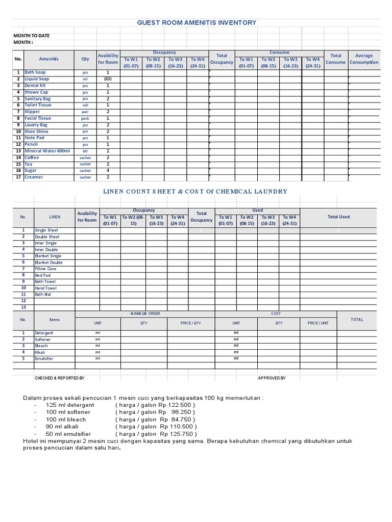 Linen Count Sheet & Chemical Cost | PDF | Hygiene | Home