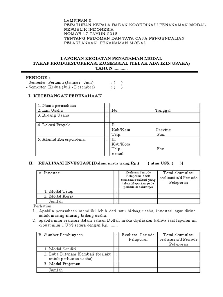 Formulir II LKPM Tahap Produksi (Operasi Komersial) | PDF