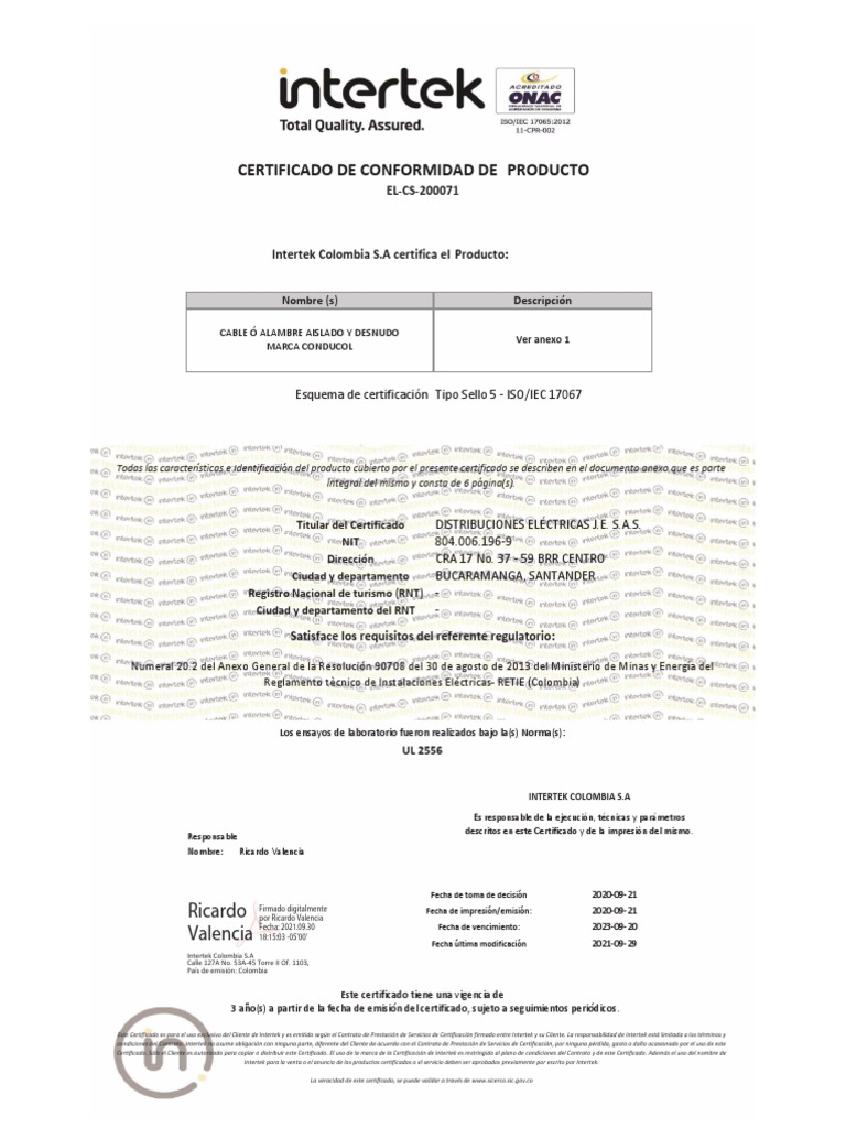 Certificado Cable Conducol Serie 8000 | PDF | Cableado eléctrico | Ingeniería de Edificación