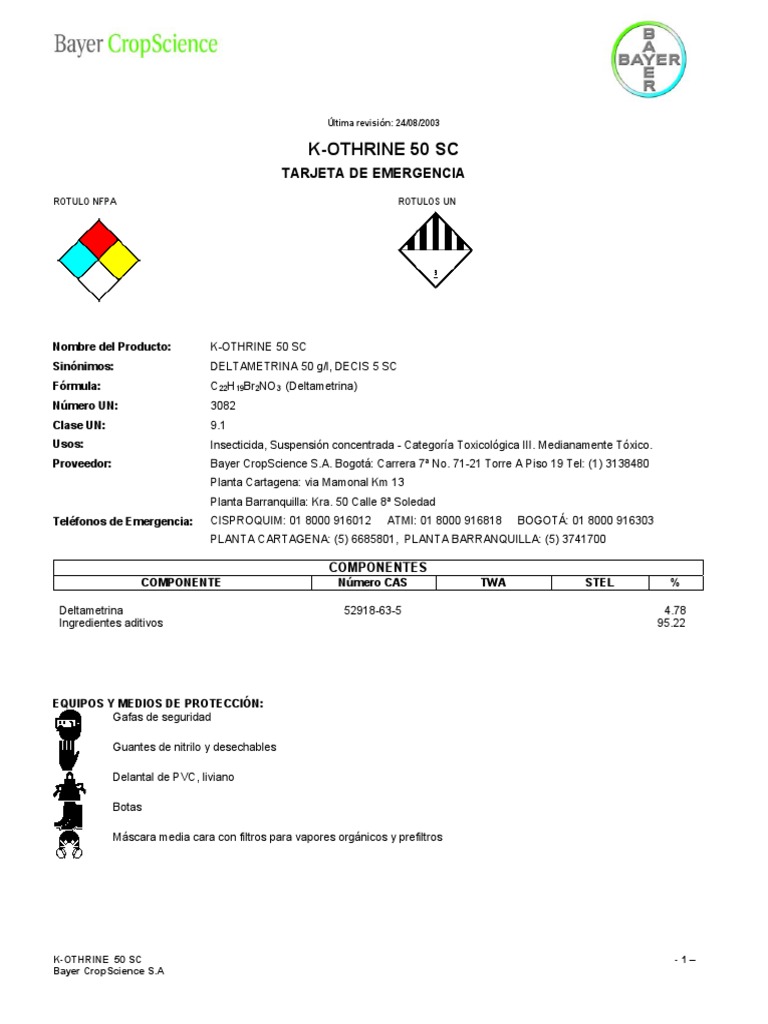 Ficha Técnica de K-Othrine 50 SC | PDF | Agua | Combustión